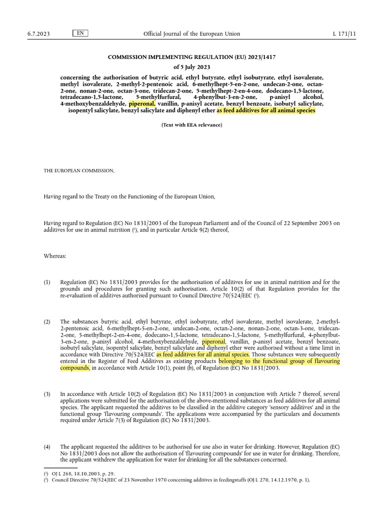 2023-1417-EU COMMISSION IMPLEMENTING REGULATION Approval of Piperonal As Flavouring Additive For ...