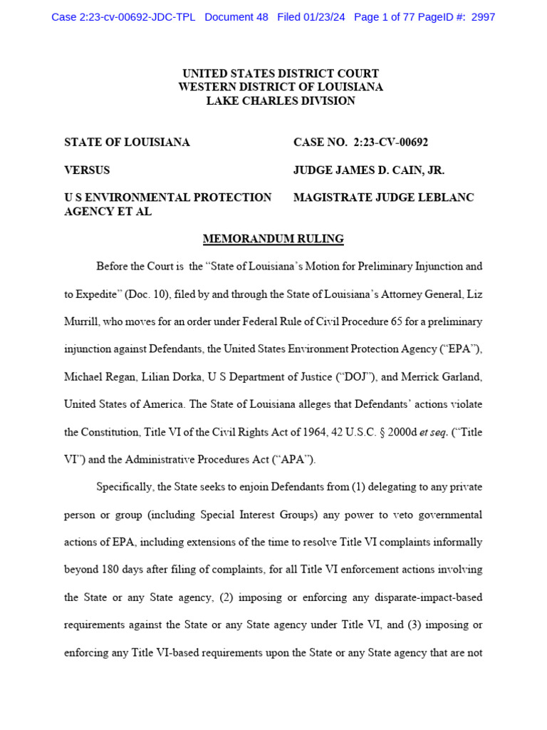 Judge Cain's Ruling Against EPA | PDF | Standing (Law) | Disparate Impact
