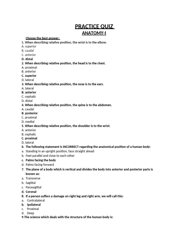 Anatomy I Practice Quiz With Answers Pdf