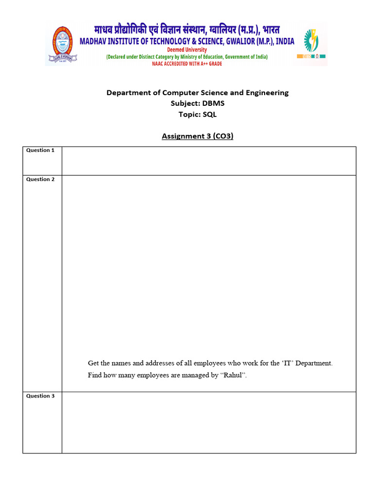 DBMS Assignments 3 (CSE) (July-Dec 2024) | PDF