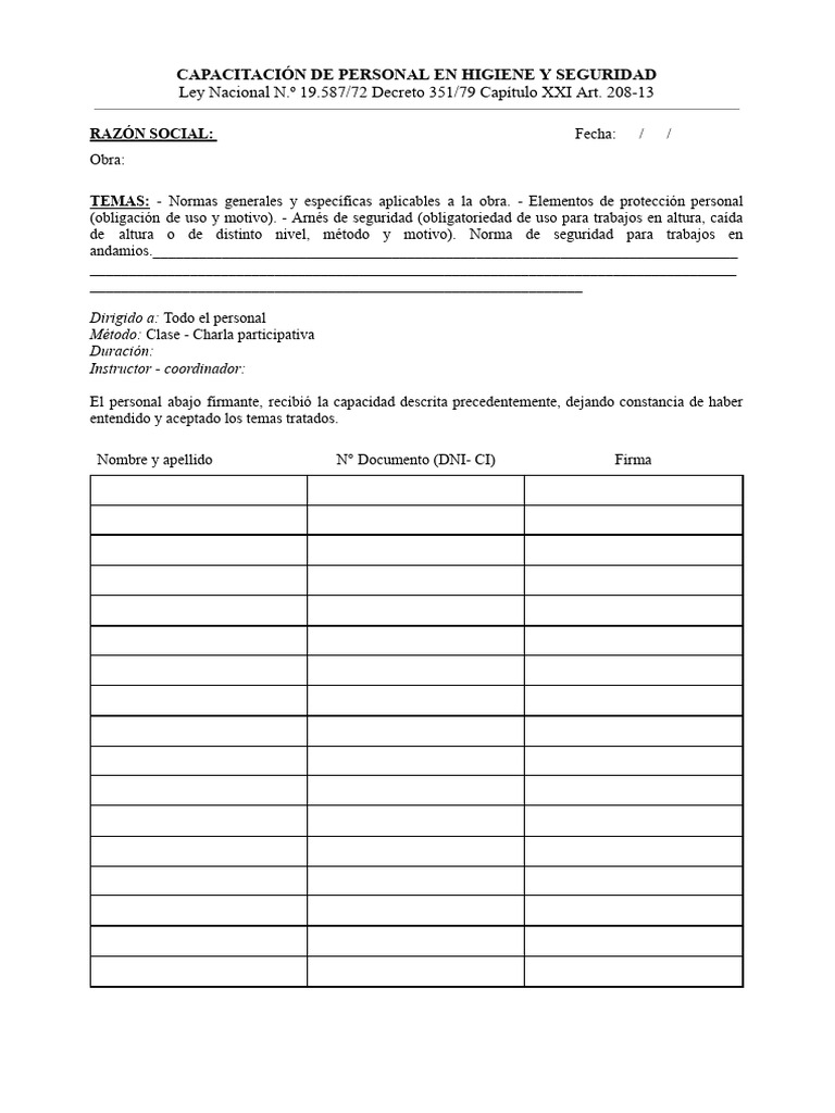 Planilla Capacitación Ley 19587 | PDF