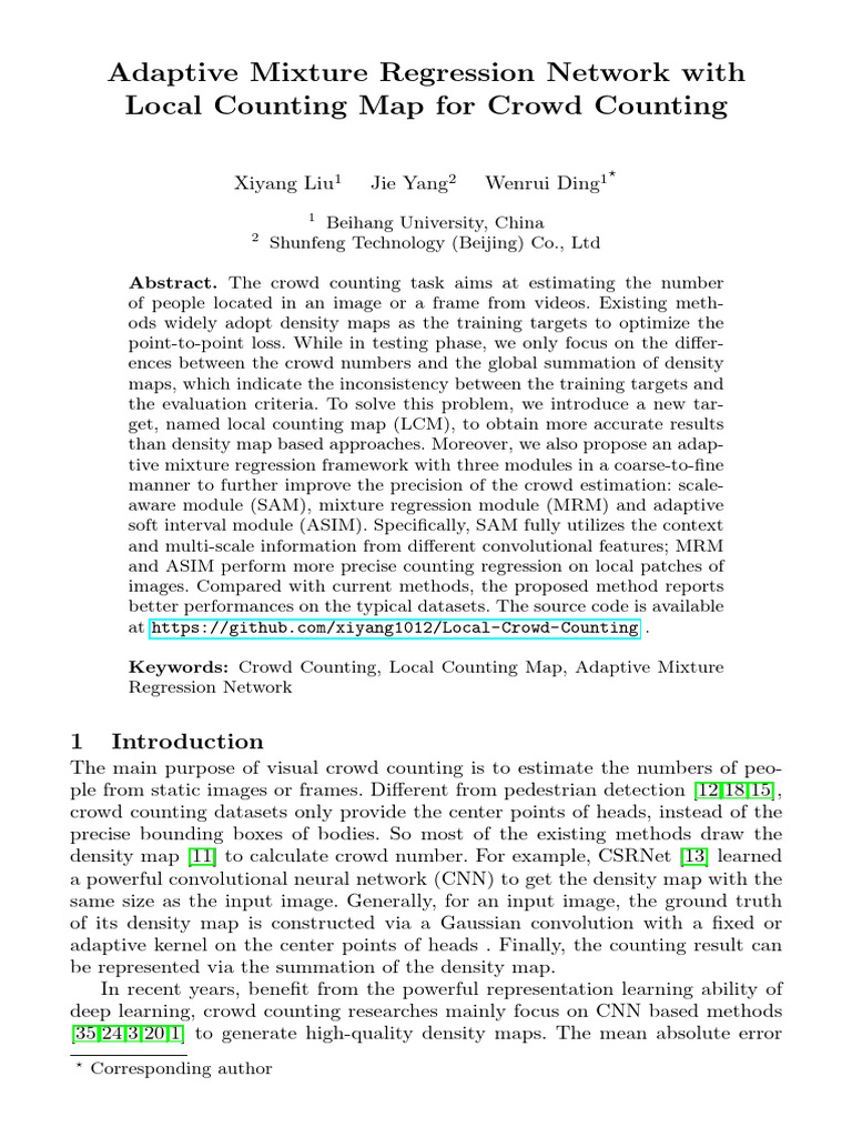 Adaptive Mixture Regression Network With Local Counting Map For Crowd Counting | PDF