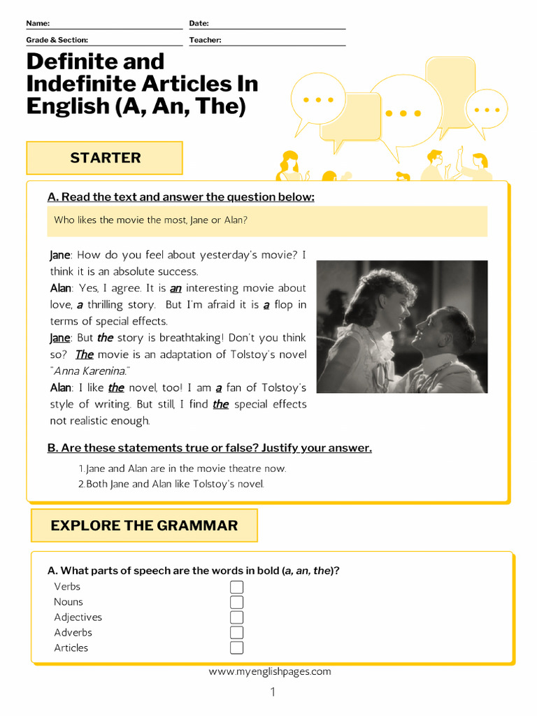 How To Use The Definite and Indefinite Articles in English Worksheet | PDF