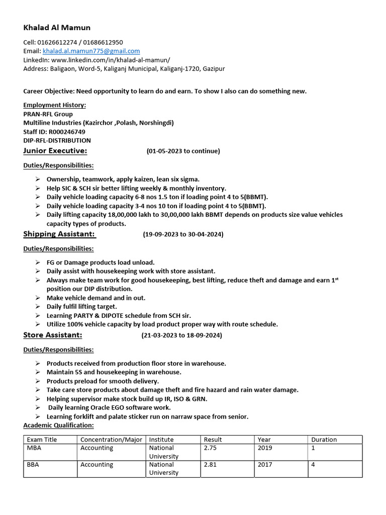 Khalad Al Mamun CV MBA Accounting National University | PDF