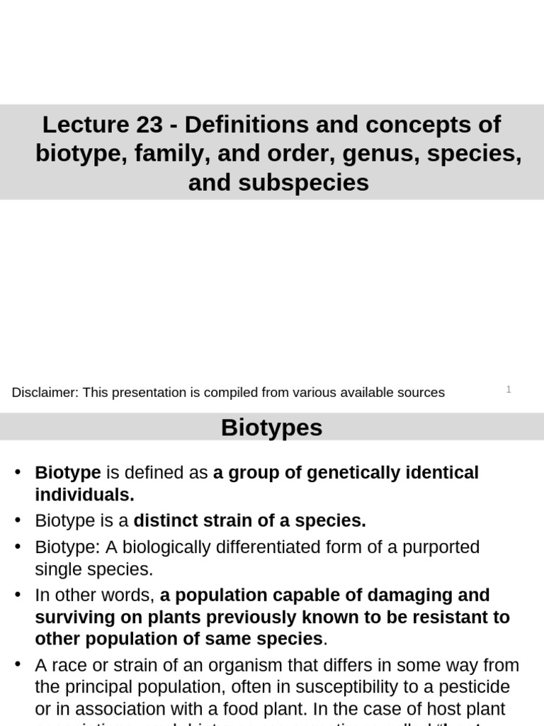 Ent. 204 - Lecture 23. Definitions and Concepts of Biotype, Family ...