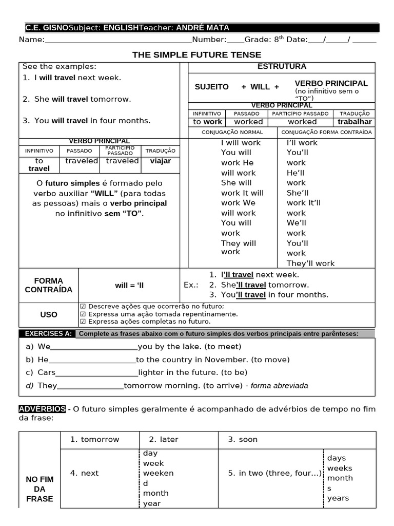 8th Grade The Simple Future Tense One Day | PDF
