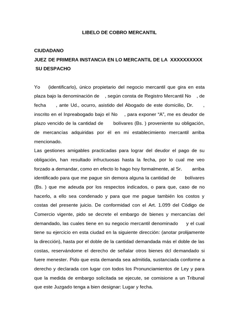 Libelo de Cobro Mercantil | PDF | Ciencias sociales | Derecho