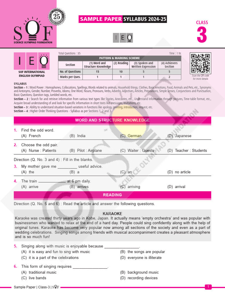 IEO Sample Paper Class-3 | PDF