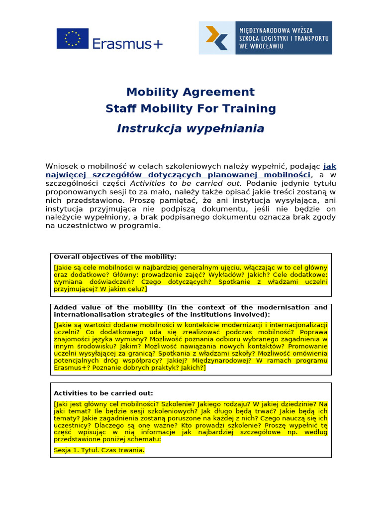 Wskazowki Do Staff Mobility Agreement For Training | PDF
