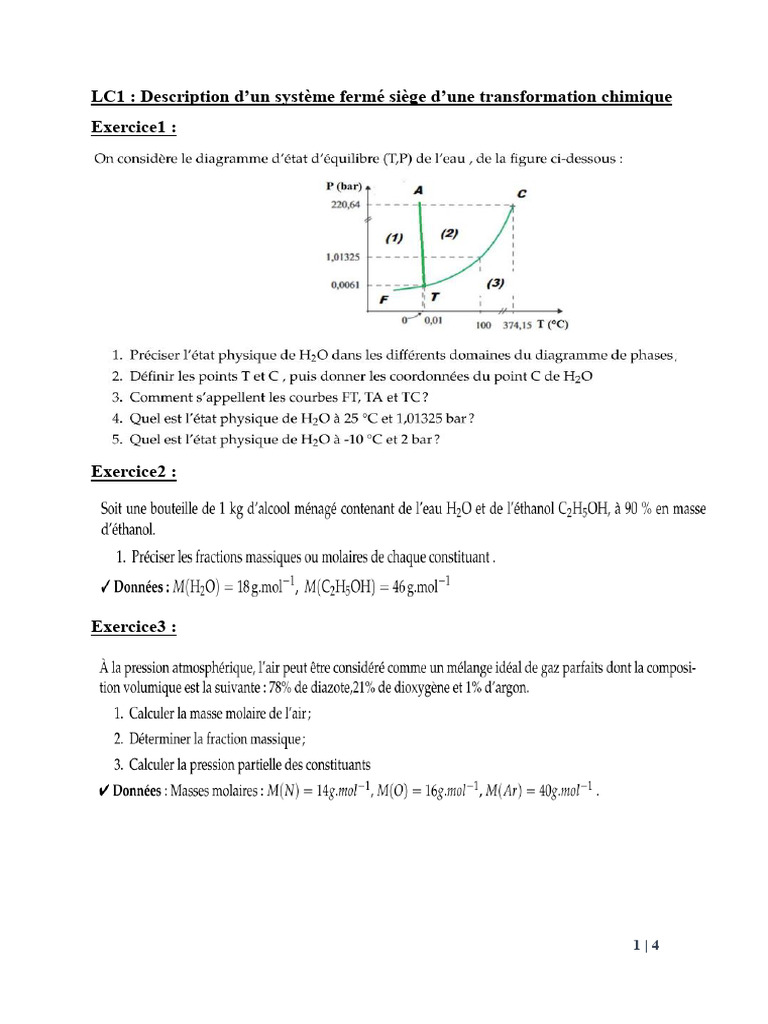 LC1: Description D'un Système Fermé Siège D'une Transformation Chimique ...