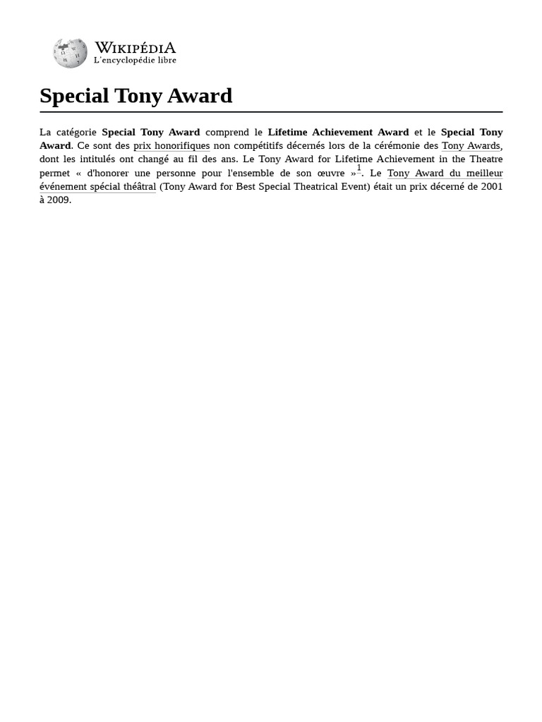 Special Tony Award | PDF | Tony Awards | Theatre