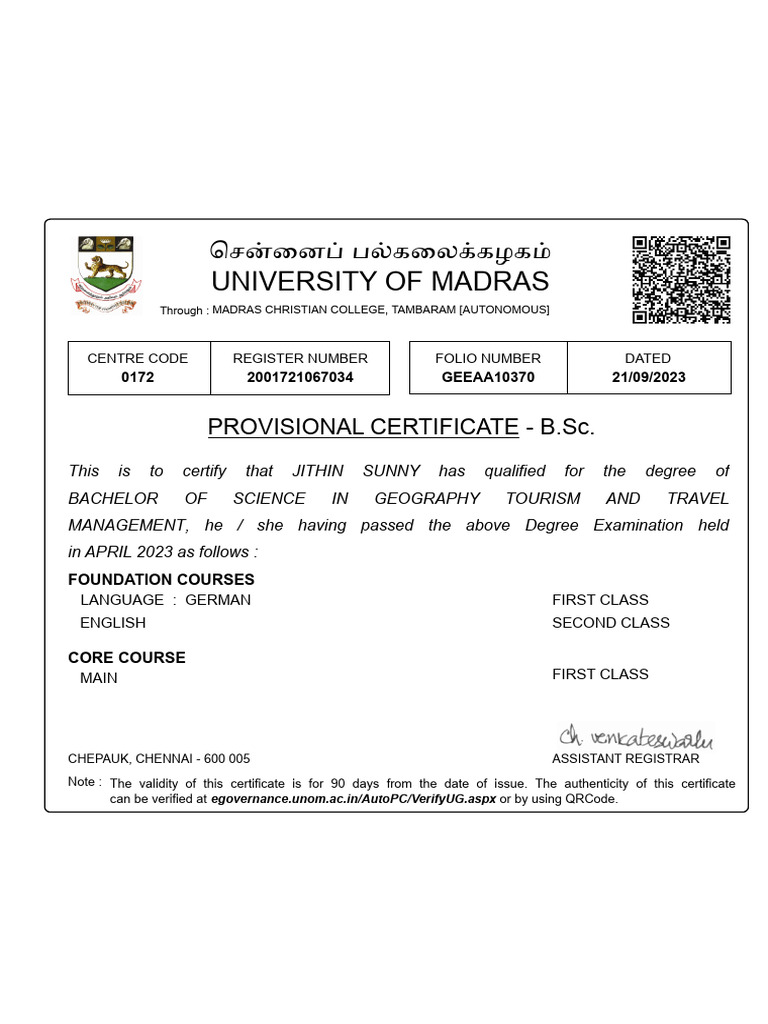 University of Madras: Provisional Certificate - B.SC | PDF