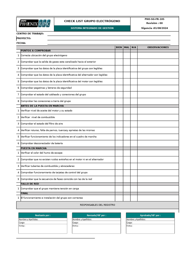 Pho-Sg-Fr-105 Check List Grupo Electrogeno | PDF