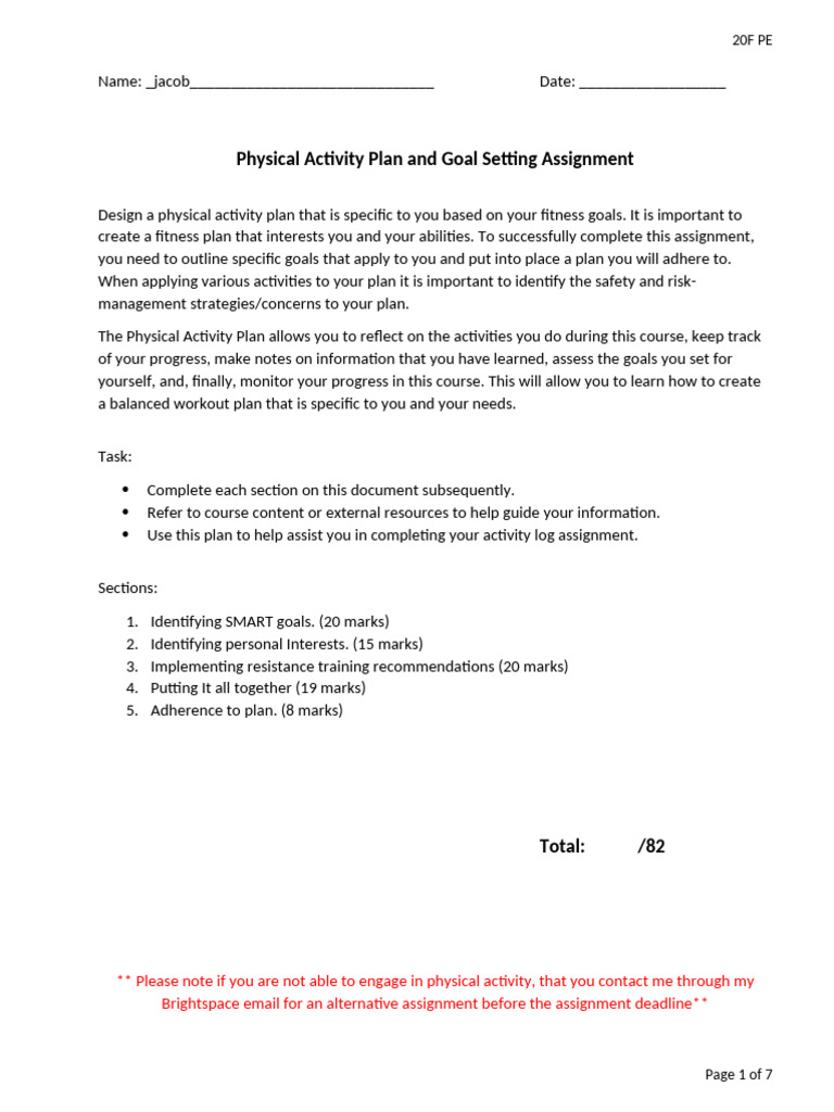 Physical Activity Plan and Goal Setting Assignment | PDF