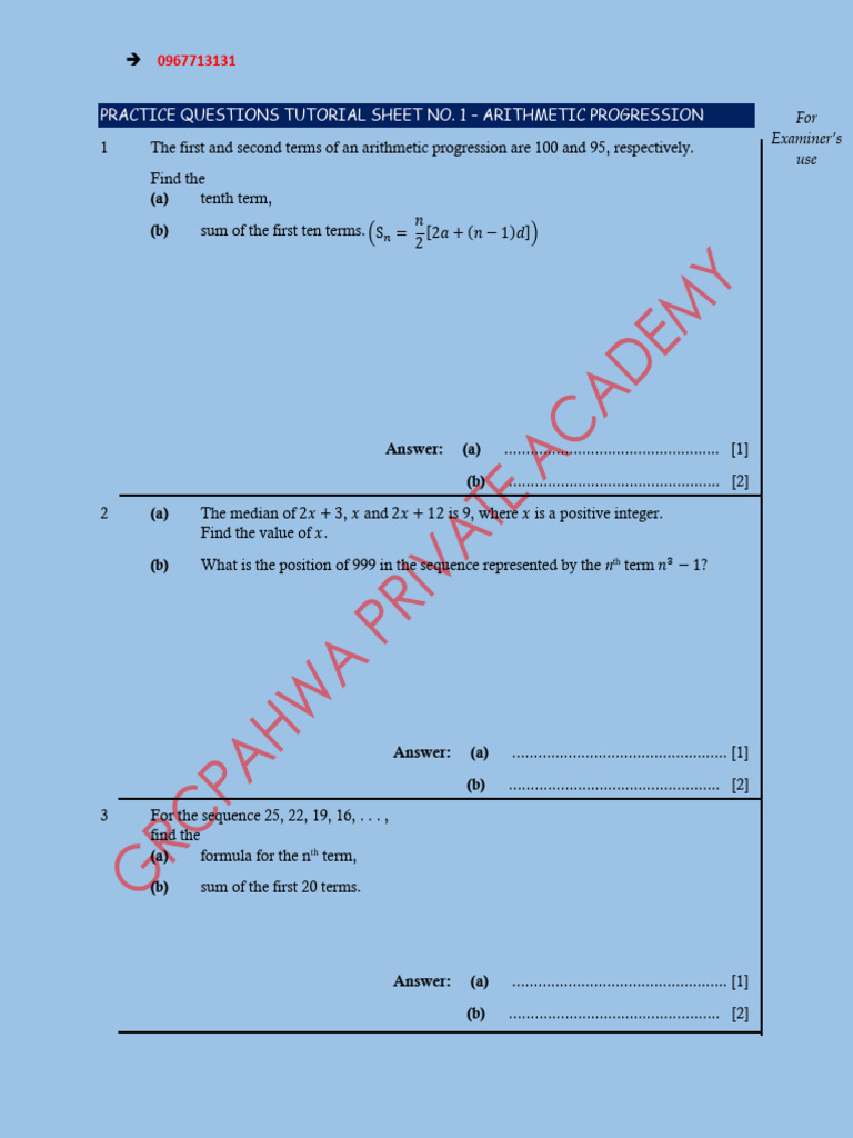 Practice Questions Tutorial Sheet No. 1 - Arithmetic Progression | PDF | Mean | Arithmetic