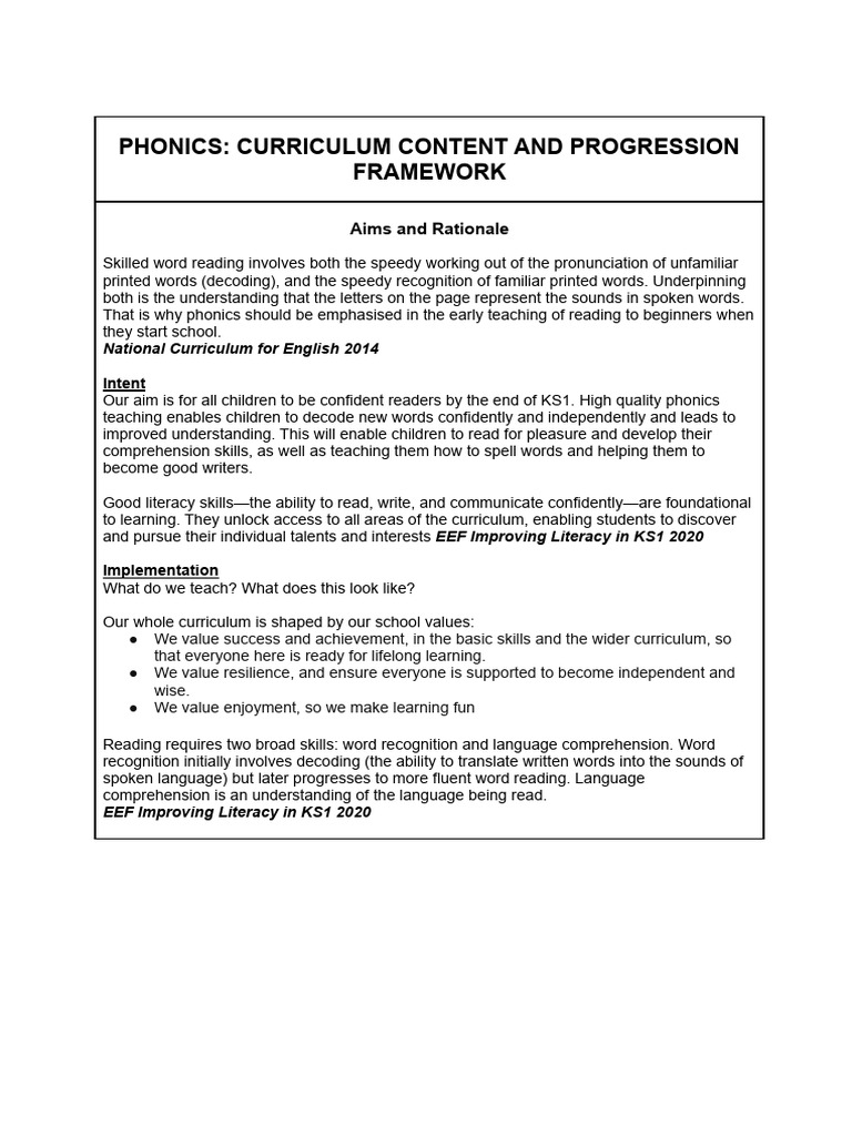 Phonics - Curriculum Content and Progression Framework | PDF