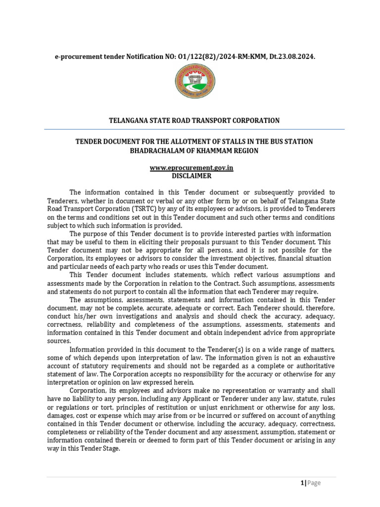TSRTC Stall Tender for Bhadrachalam | PDF | License | Business
