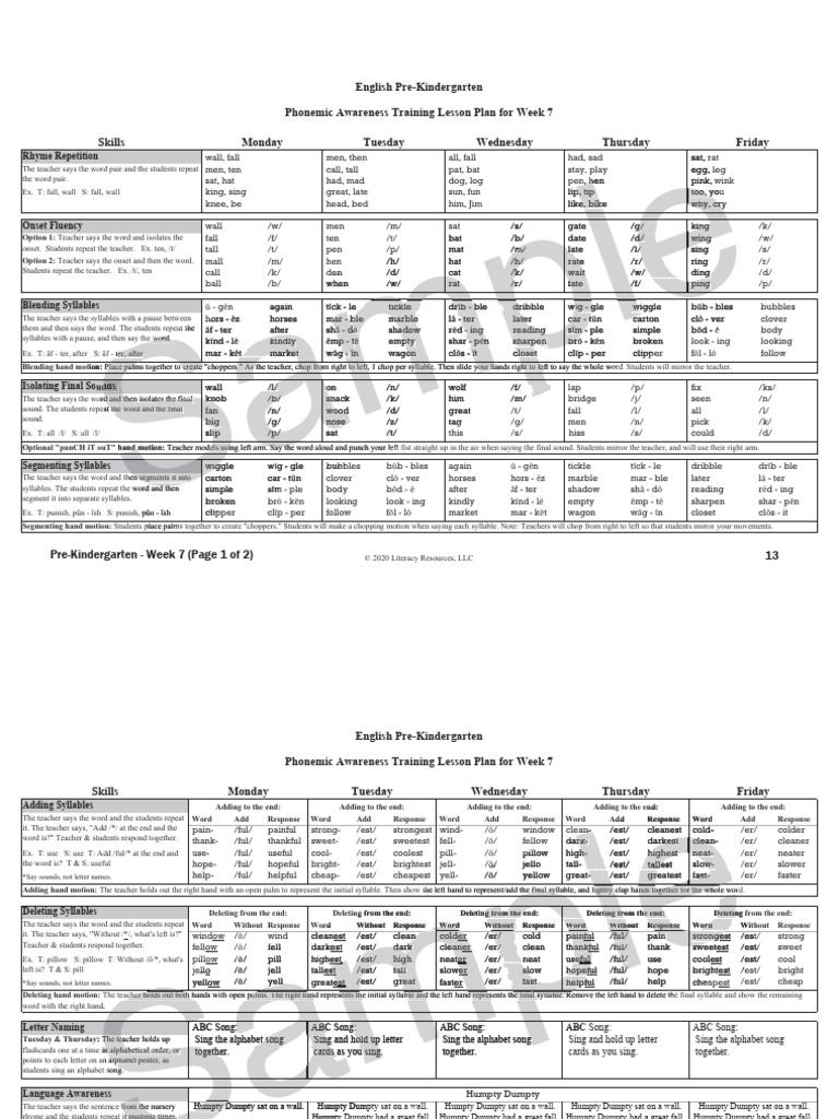 English Pre-K E-Learning Lessons (Weeks 7-9) | PDF