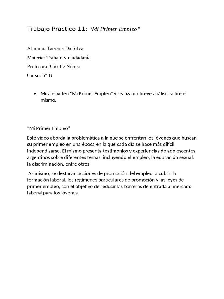 Trabajo Practico 11 "Mi Primer Empleo" | PDF