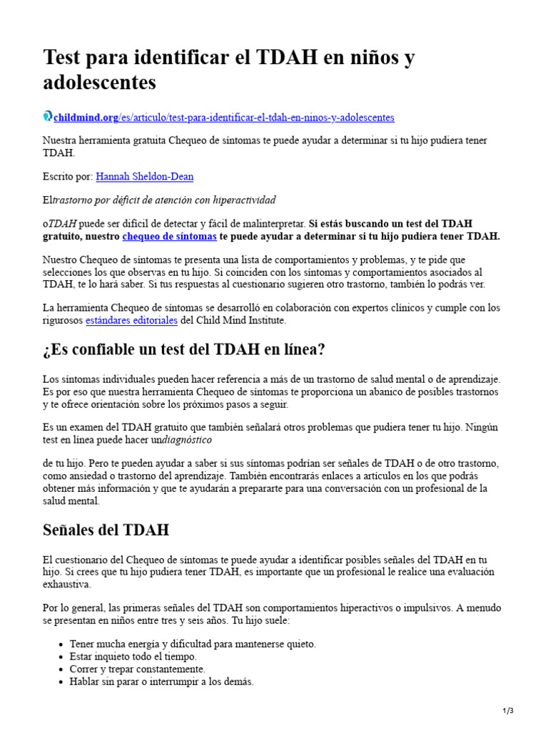 Test para Identificar El TDAH en Niños y Adolescentes | PDF | Desorden ...