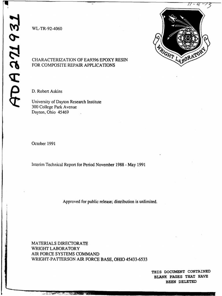 Ada271931characterization of Ea9396 Adhesive For Repair Applications | PDF