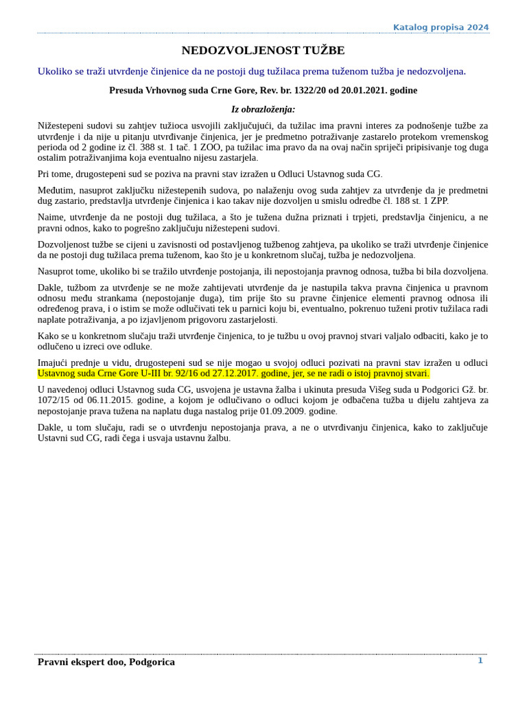 Nedozvoljenost Tuzbe | PDF