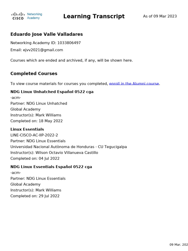 NetAcad Learning Transcript | PDF