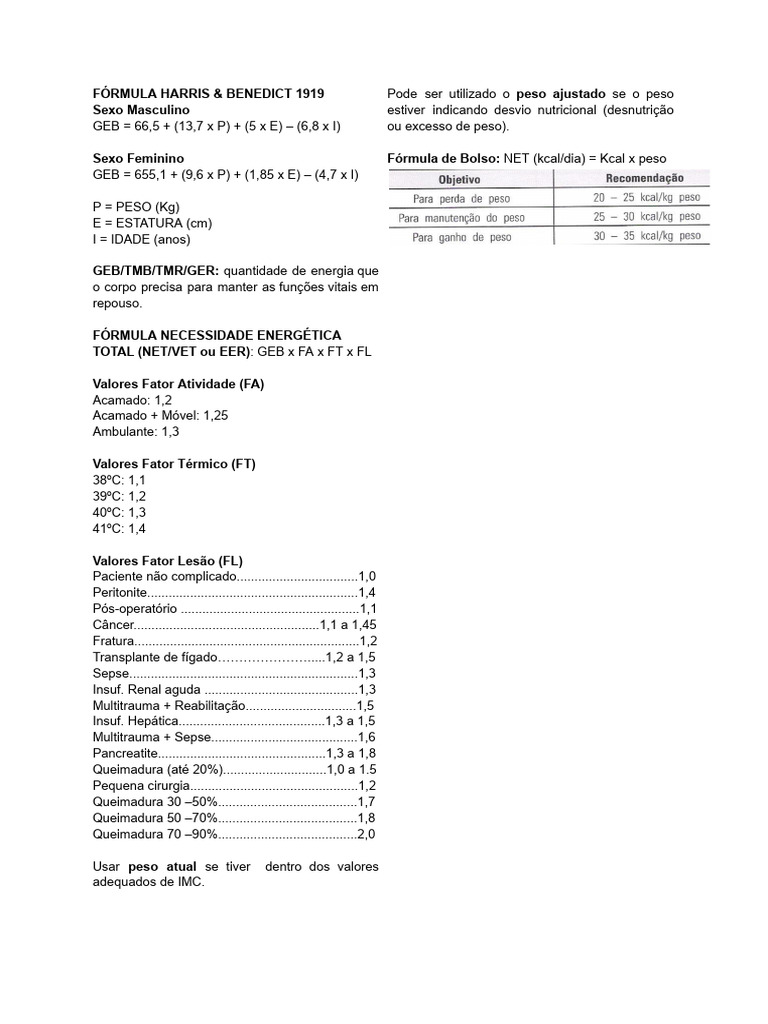 Formulas Harris & Benedict | PDF