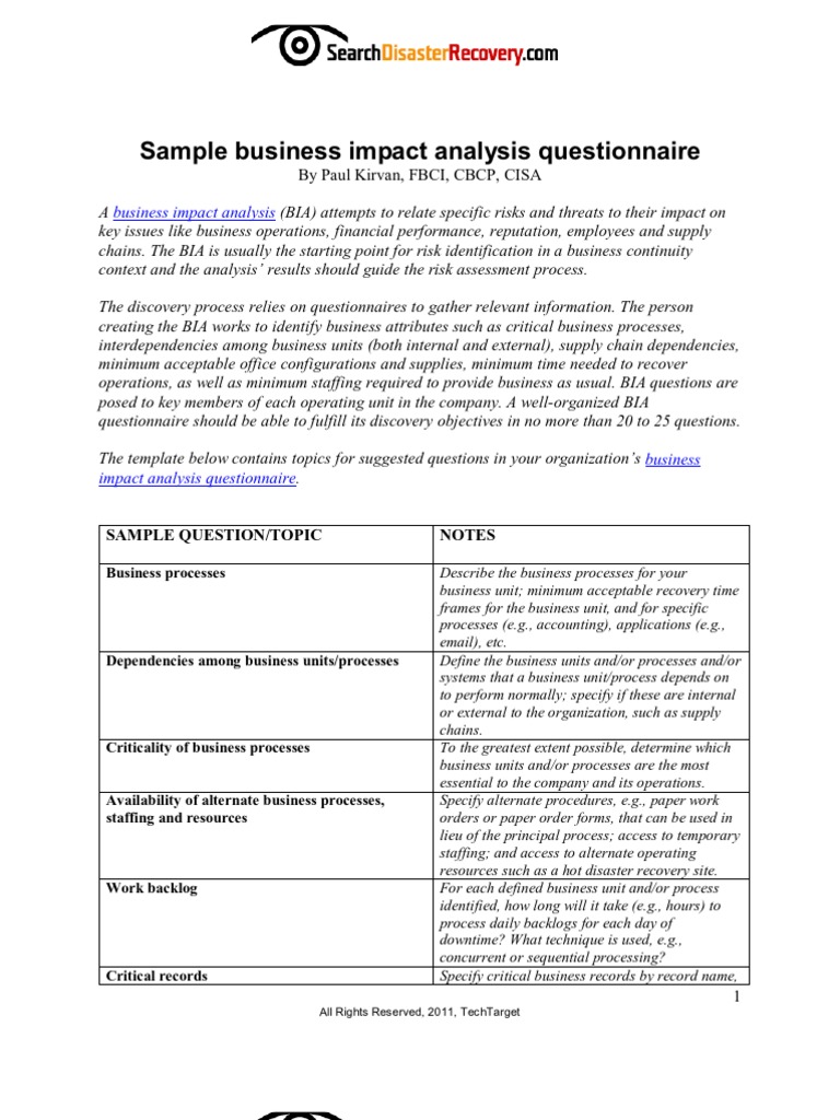 Business Impact Analysis Questionnaire | PDF