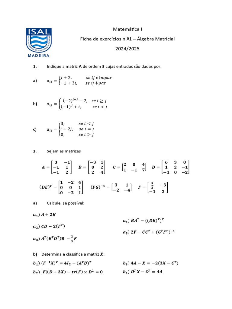 Mat I - Ficha de Exercícios - Matrizes | PDF