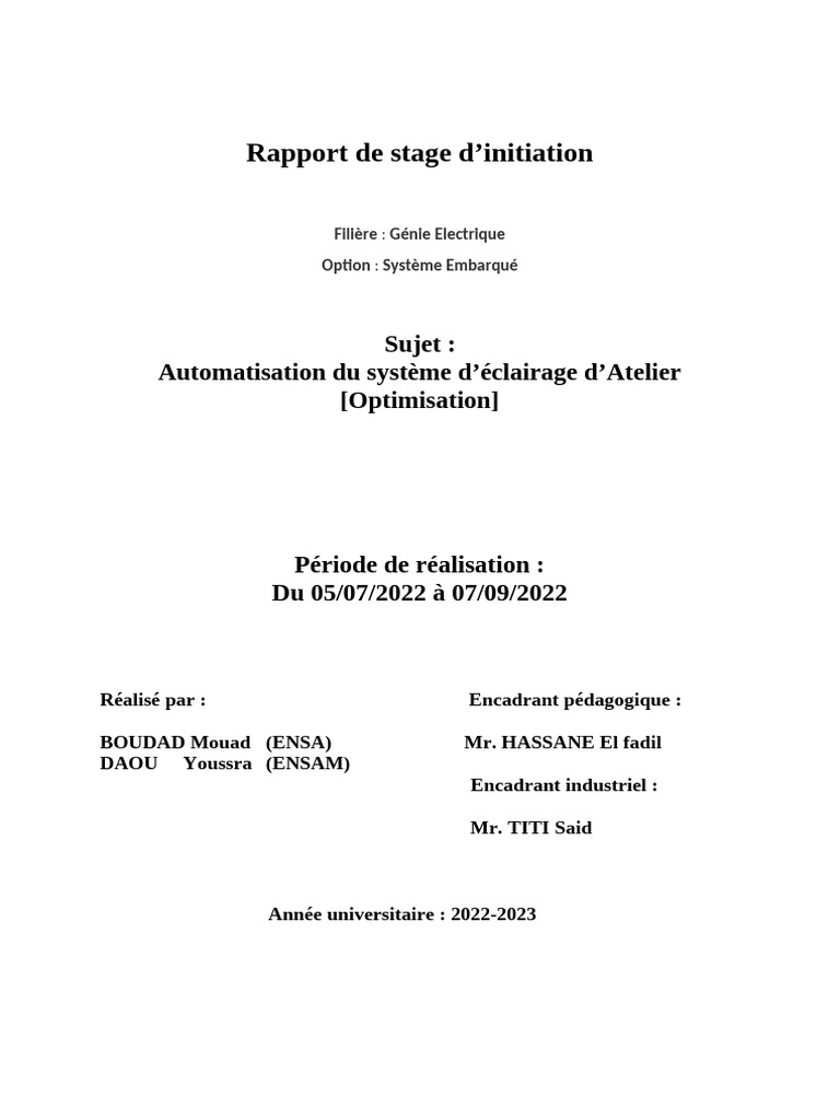 Rapport Automatisation Du Système D'éclairage D'atelier | PDF