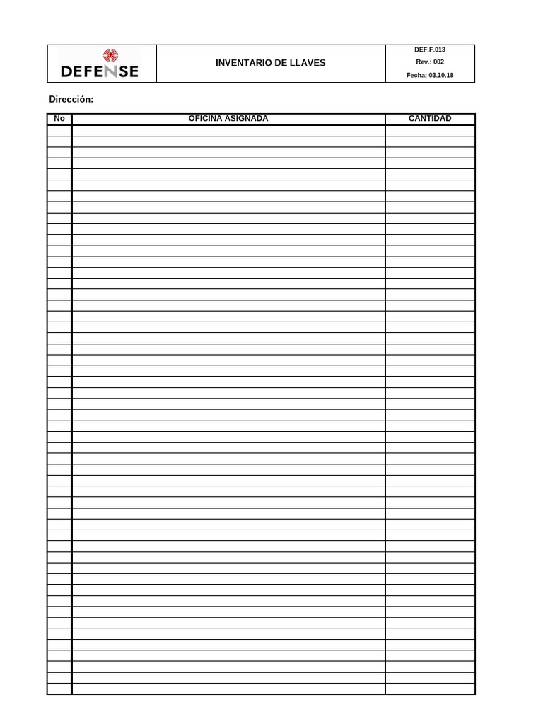 Carpeta SIG12 - FormatosDEF.F.013 Inventario de Llaves Rev.002 | PDF