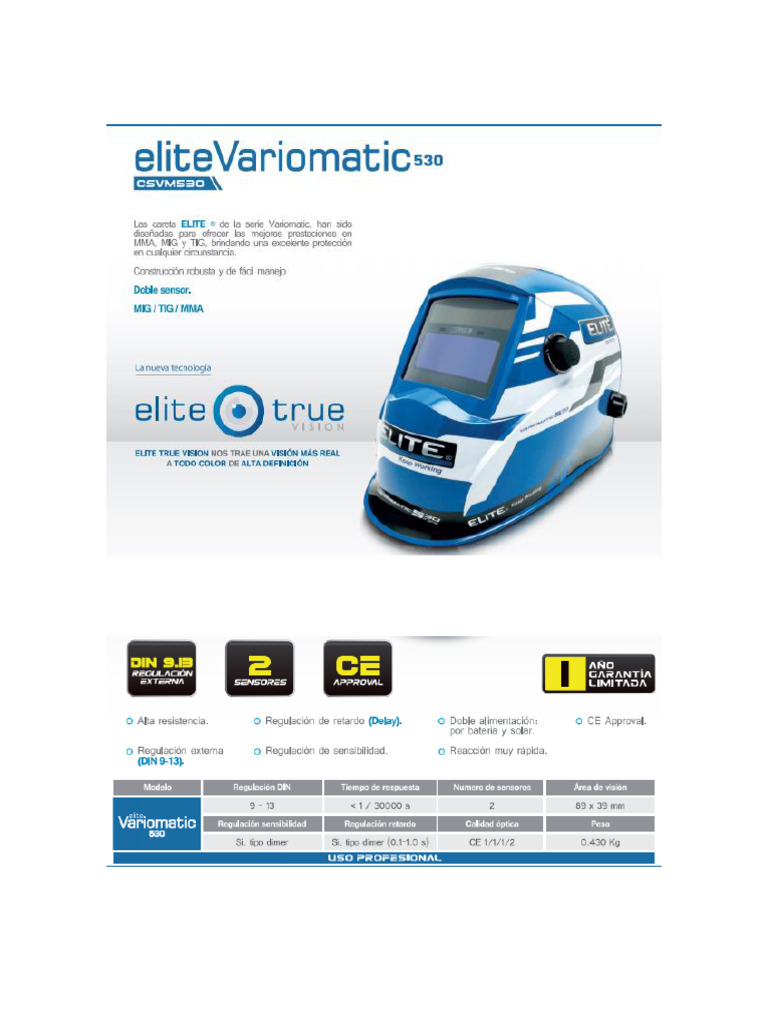 Careta Soldadura Automática ELITE VARIOMATIC 530 | PDF