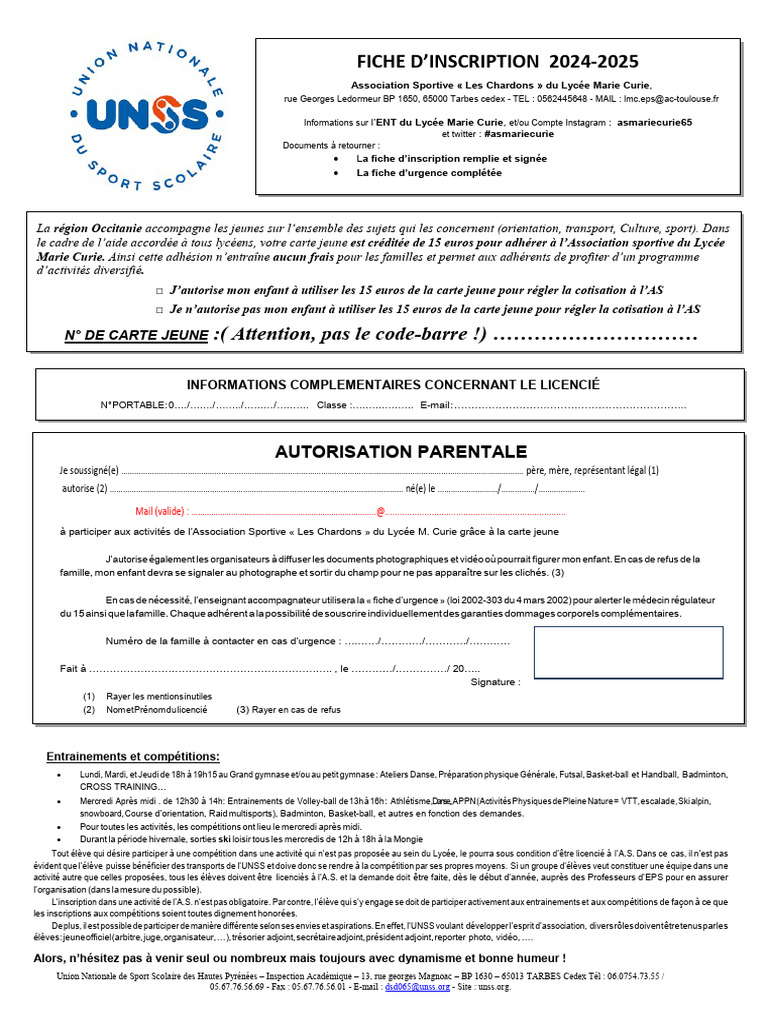 Fiche Inscription UNSS 2024 25 | PDF