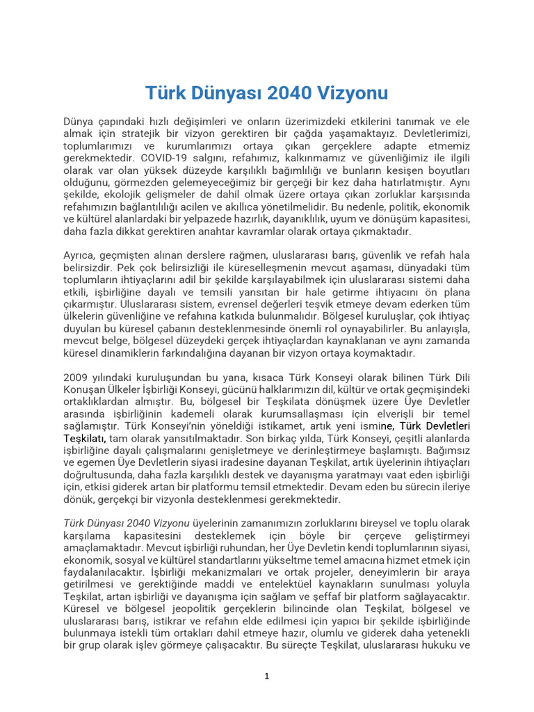 Turk Dunyasi 2040 Vizyonu 2396 98 | PDF