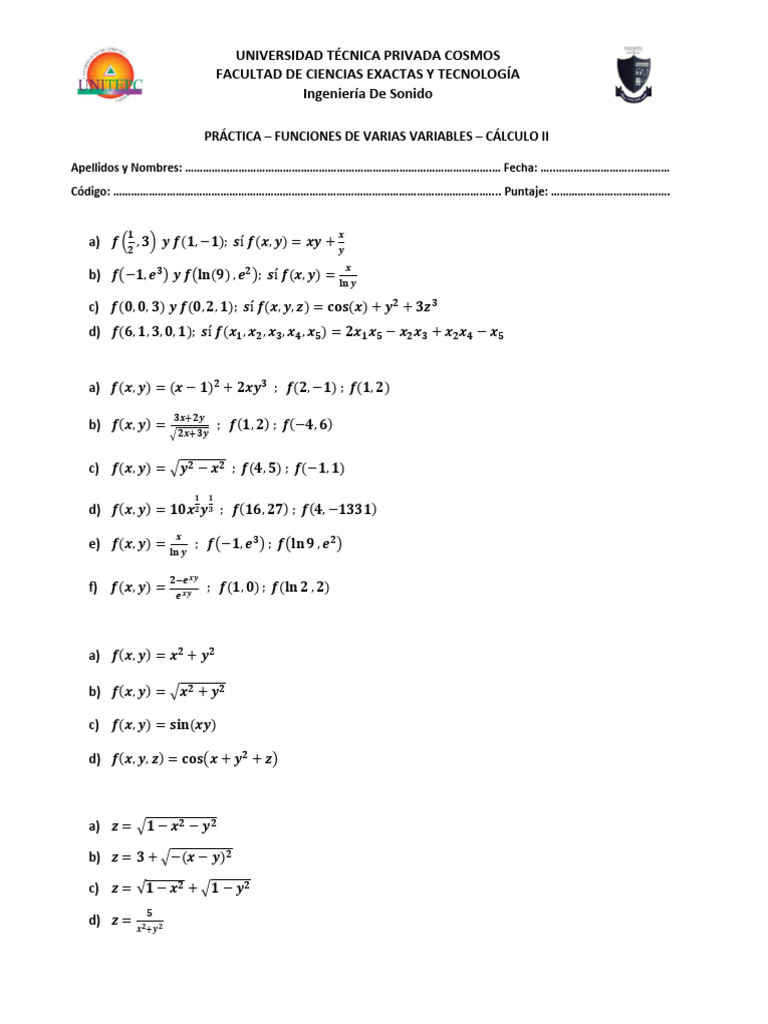 Cálculo 2 - Práctica - Funciones de Varias Variables | PDF