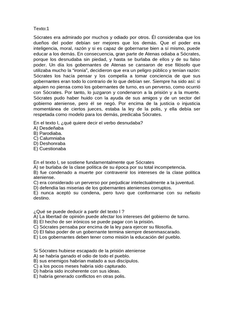 Comprensión Lectora Ejercicios | PDF | Sócrates | Ciencias sociales