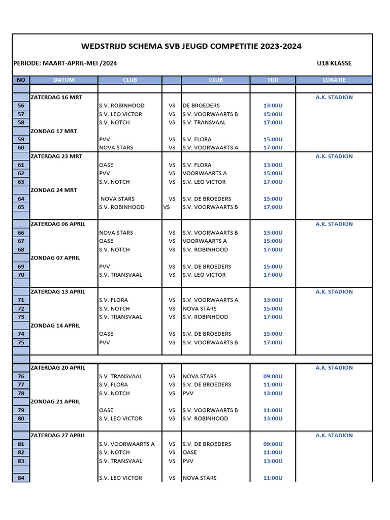 Wedstrijdschema Jeugdcomp 2023 - 2024 U18 | PDF
