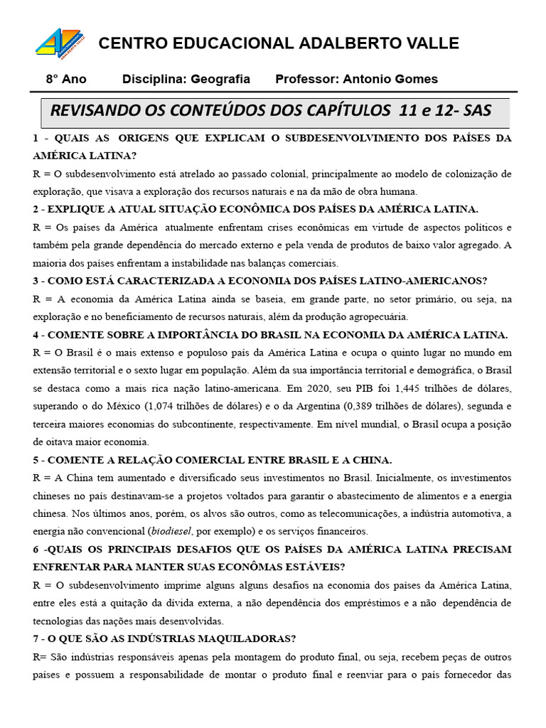 Exerc - Cio de Revis - o 8 Ano. Gabarito | PDF