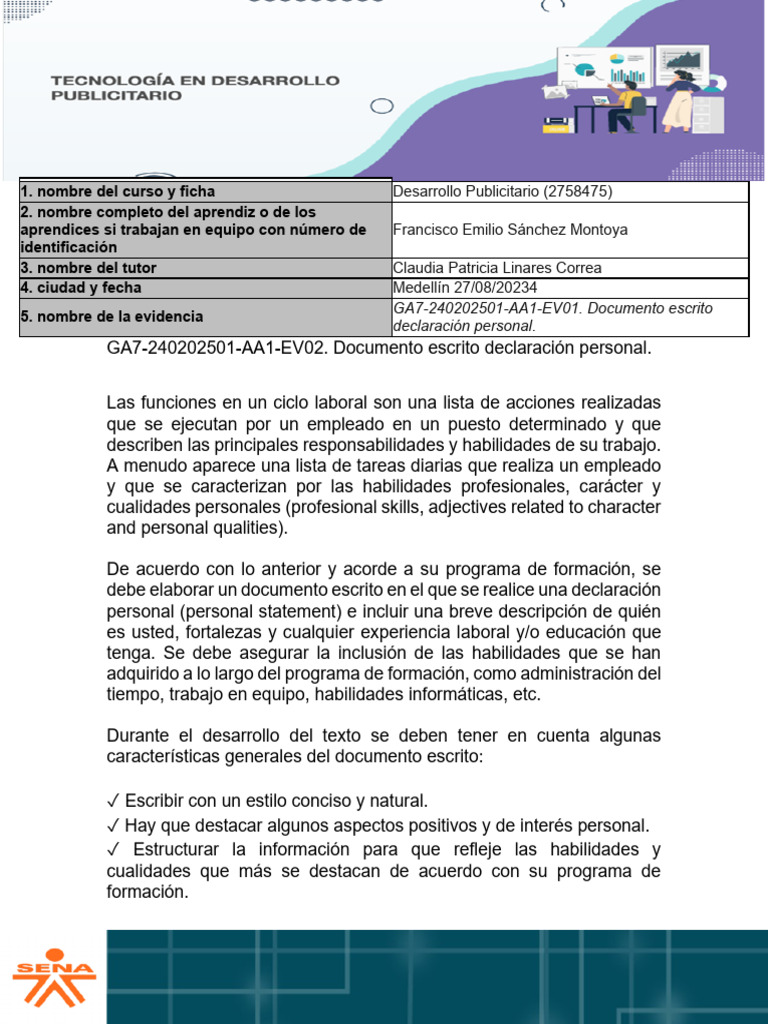 GA7-240202501-AA1-EV01. Documento Escrito Declaración Personal. | PDF