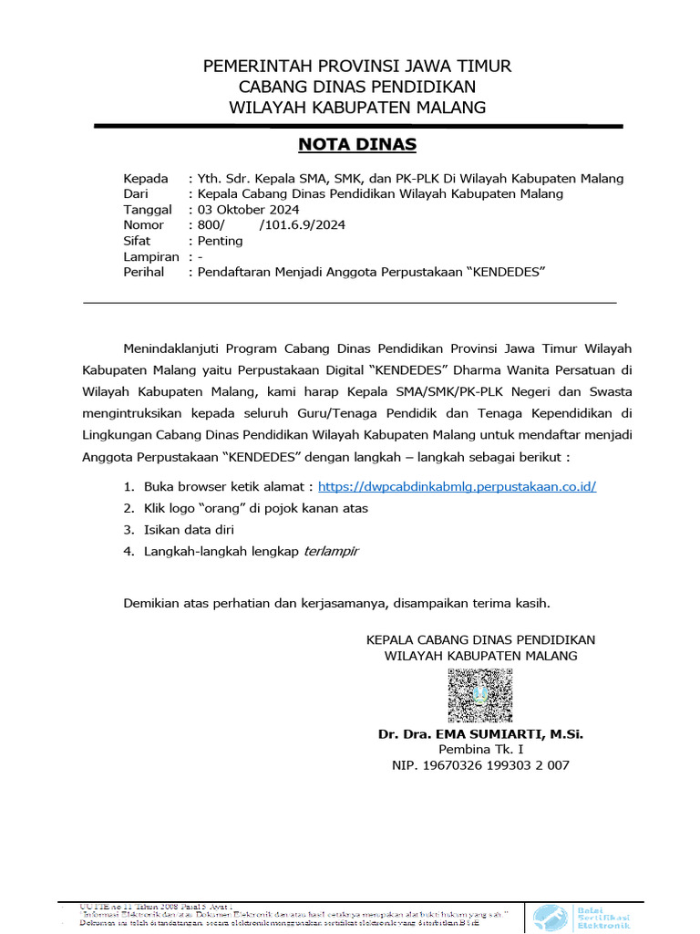NOTA DINAS PERPUS KENDEDES_sign + lampiran pendaftaran | PDF