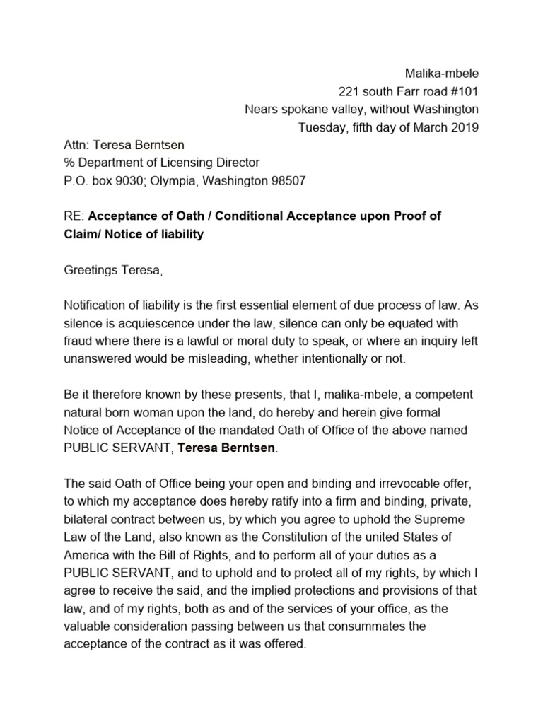 WA-DoL-Accpt of Oath-Conditional Accept-Notic of Liability | PDF