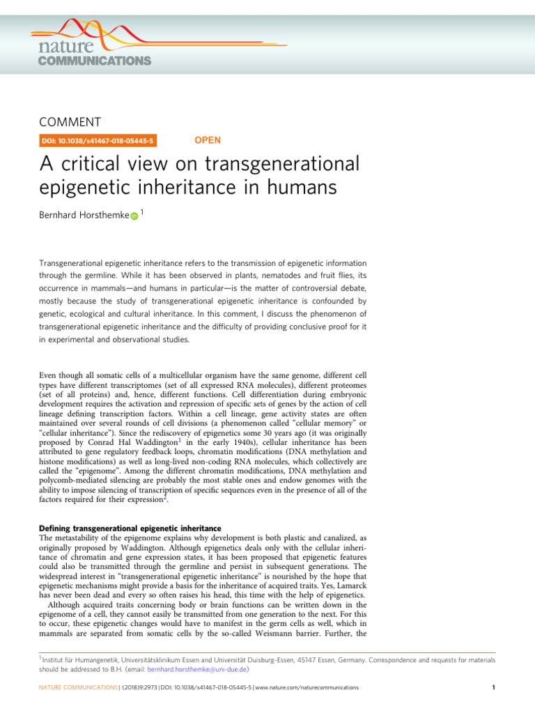 A Critical View On TG Epigenetic Inheritance in Humans | PDF