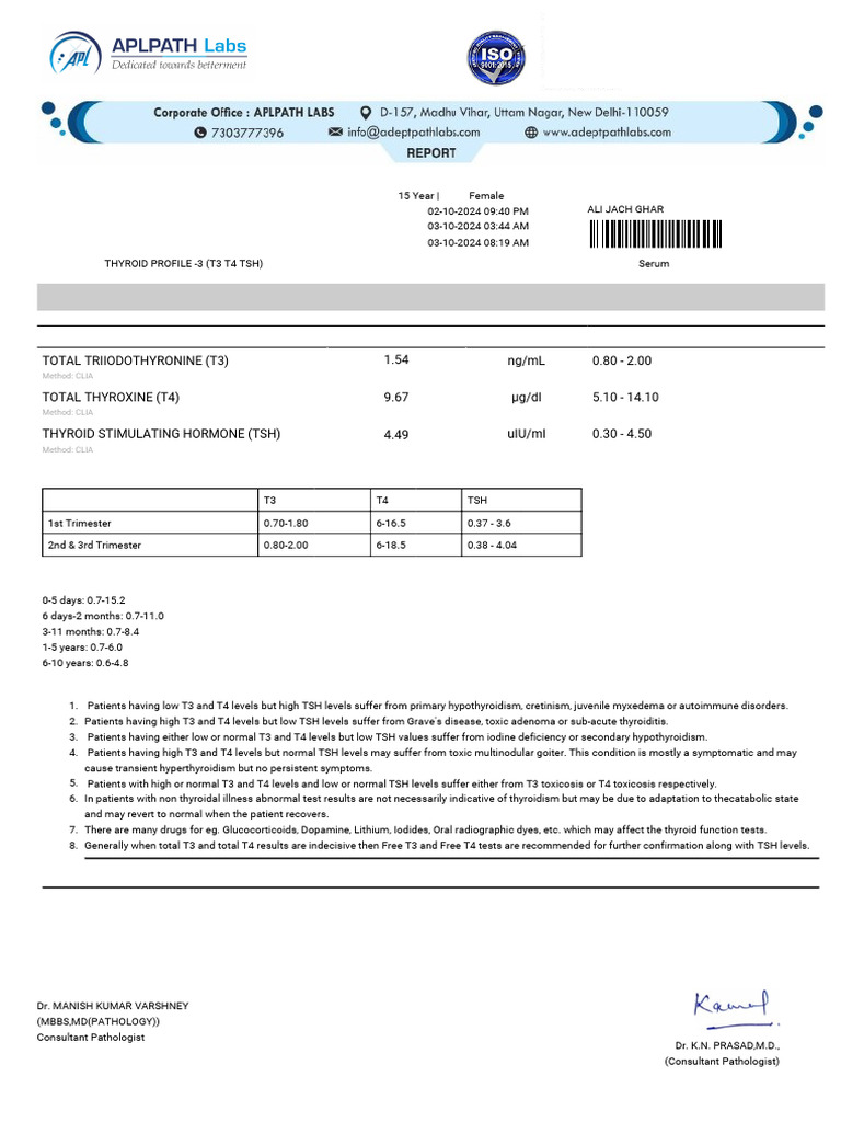 Report Munni-Devi APL2100617841 1728057488 | PDF | Thyroid Stimulating Hormone | Thyroid