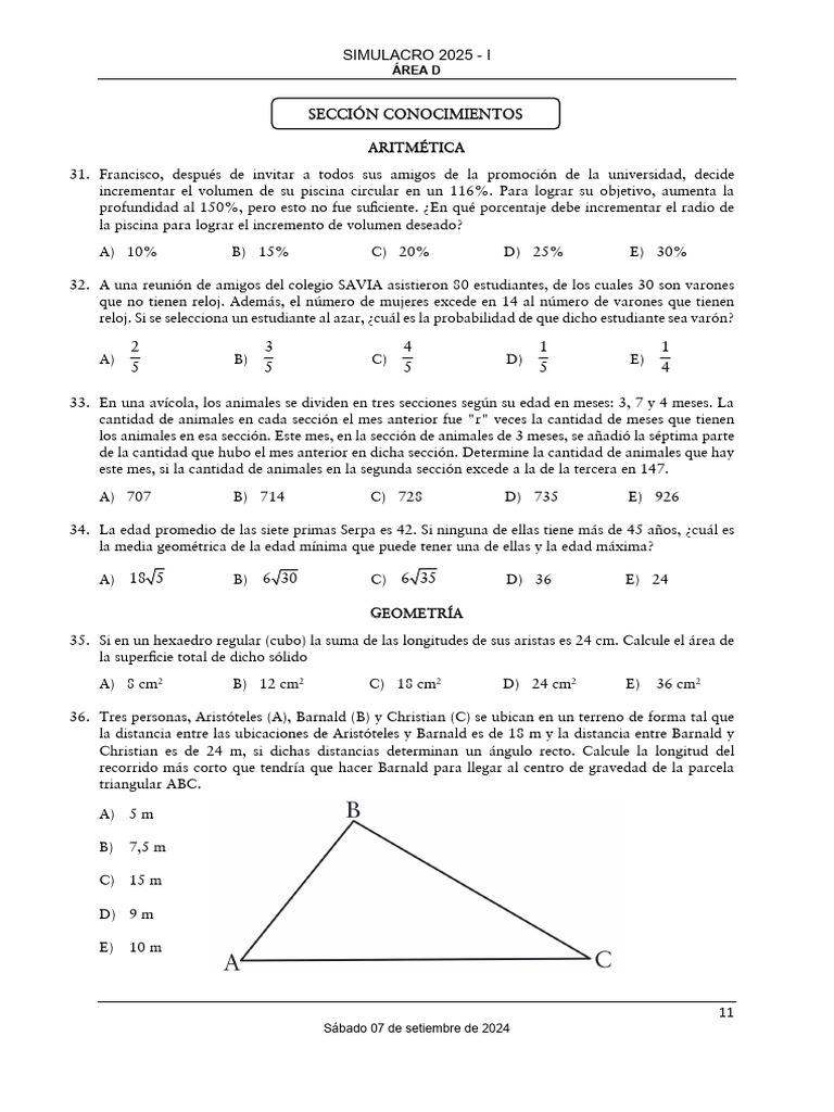 Simulacro 2025 Área D: Ejercicios de Matemáticas | PDF | Teaching ...