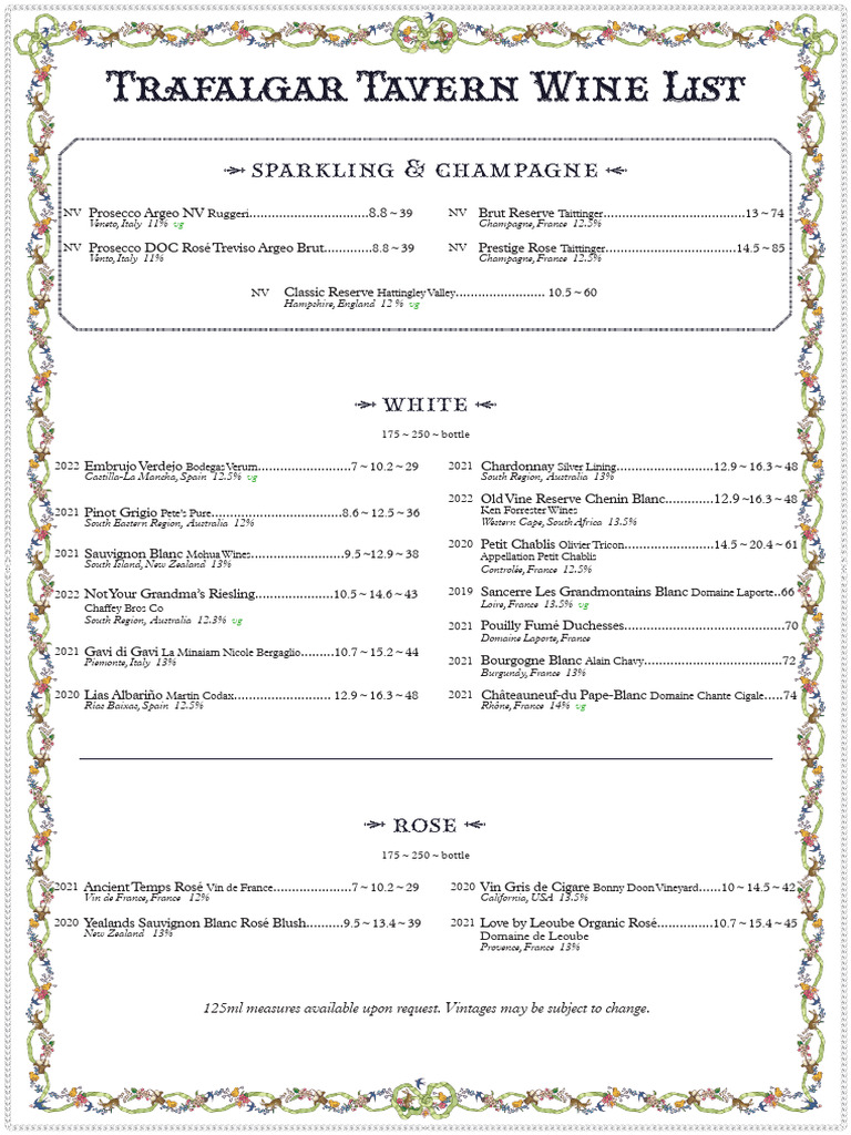 Trafalgar Tavern Wine Selection | PDF | California Wine | Champagne