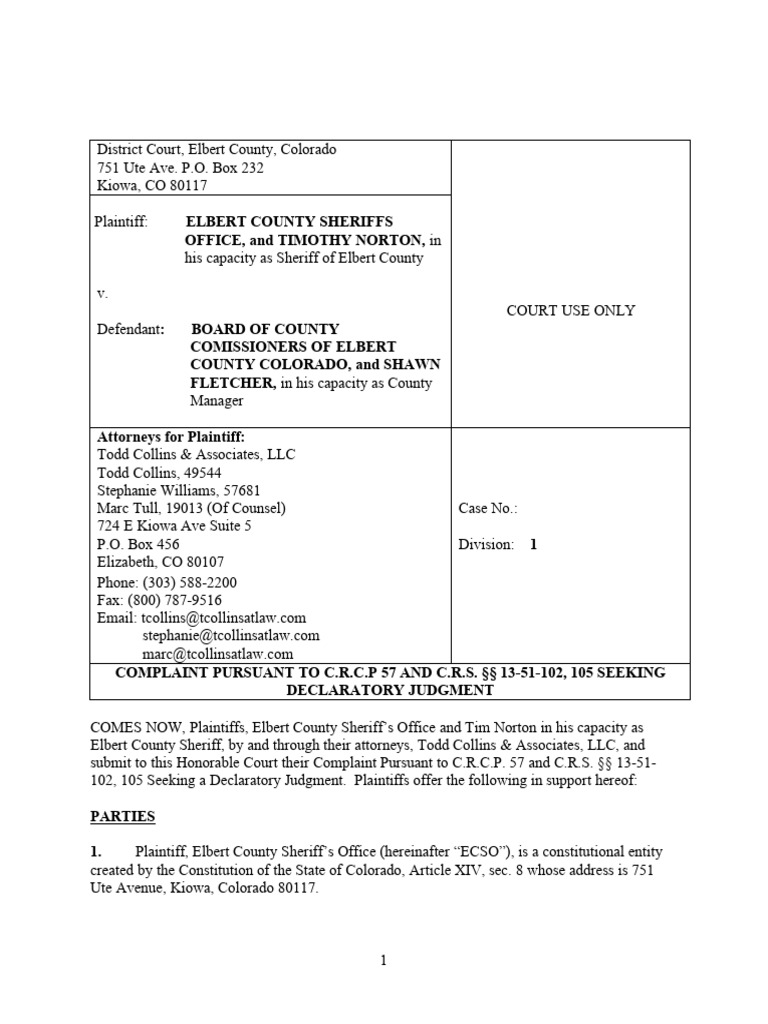 Elbert County Sheriff Files Lawsuit Against Elbert County Commissioners and County Manager | PDF ...