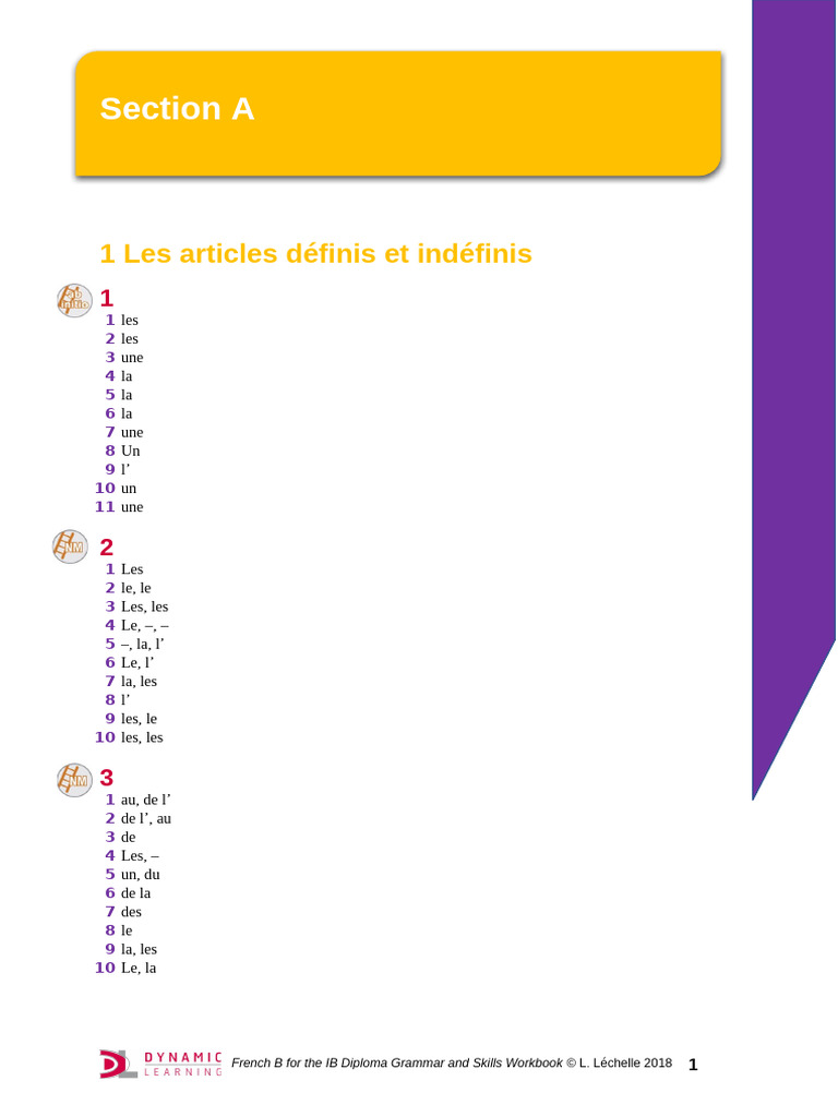 French IB Diploma A1 Les Articles Definis Et Indefinis Answers | PDF