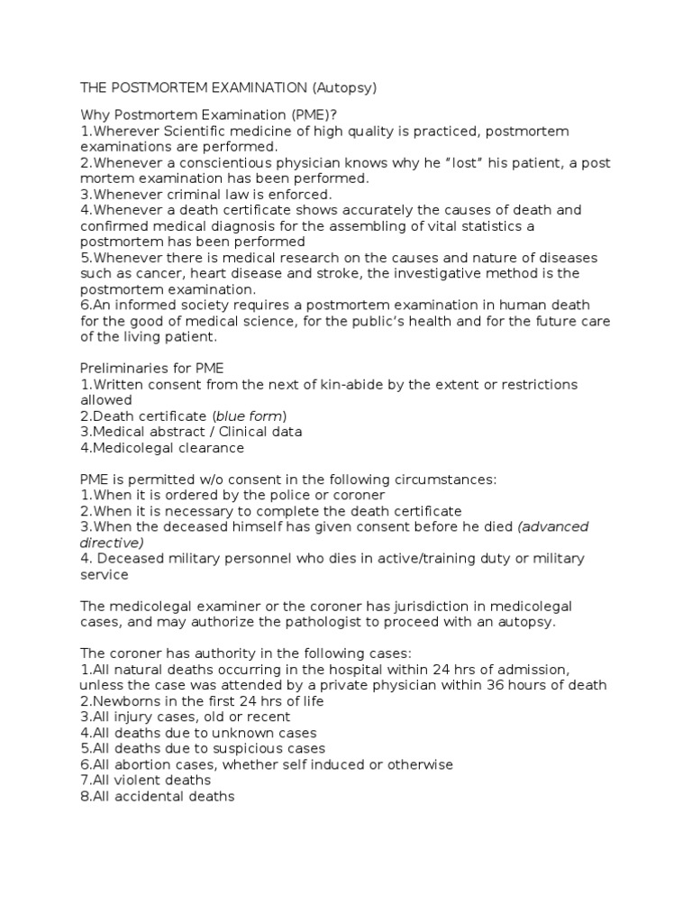 The Postmortem Examination | PDF | Autopsy | Coroner