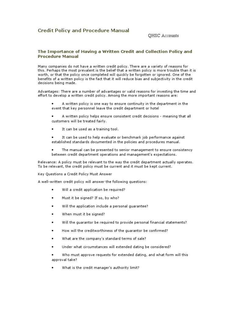 Credit Policy and Procedure Manual | Collection Agency | Credit (Finance)